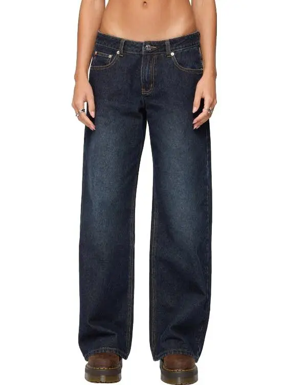 EDIKTED Raelynn Low Rise Wide Leg Jeans - Dark-blue-washed