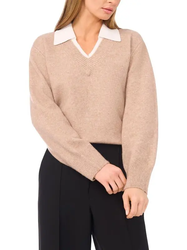 Halogen Contrast Collar Twofer Sweater - Simply Taupe