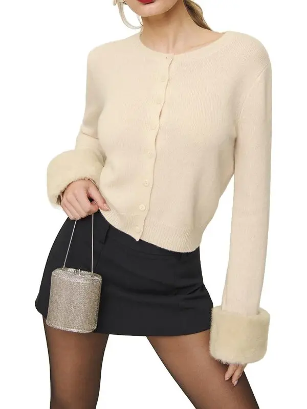 REFORMATION Clara Cashmere Cardigan - Cream Faux Fur Cuff