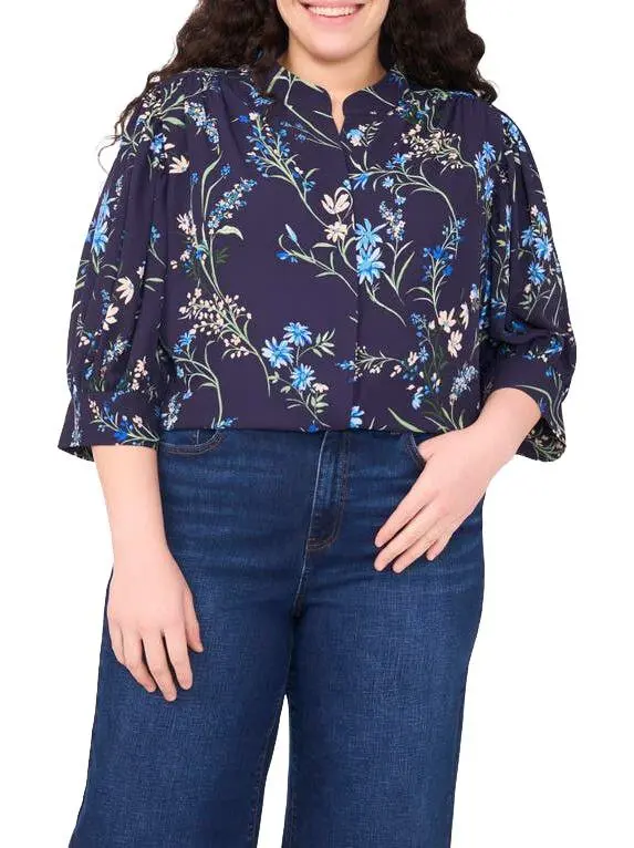CECE DUPRAZ Split Neck Printed Top - Classic Navy