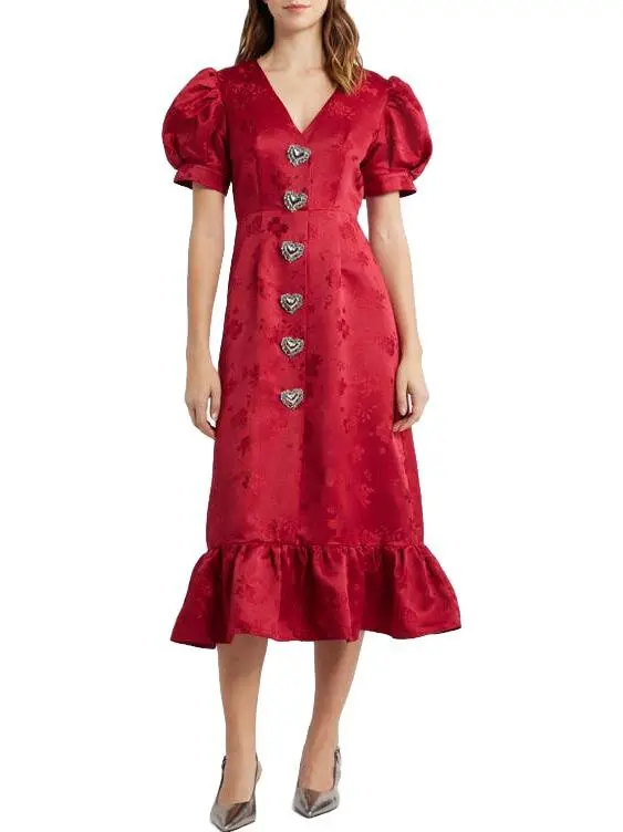 SISTER JANE Carnival Hearts Puff Sleeve Midi Dress - Red