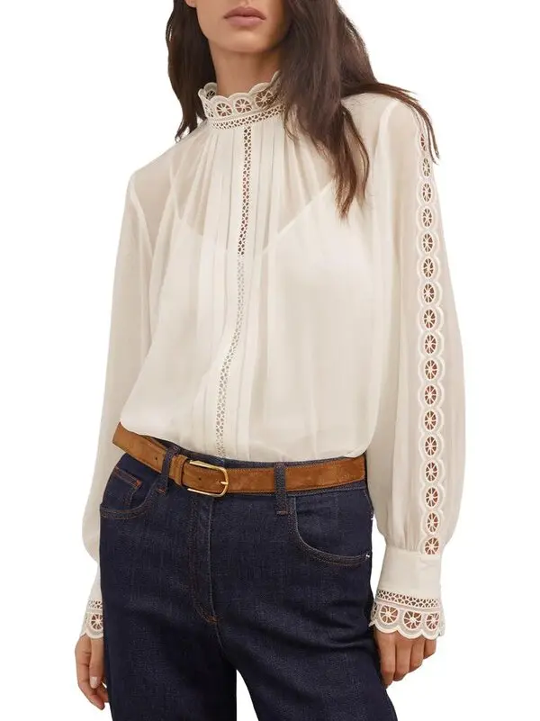 REISS Ori Guipure Lace Trim Top - Cream