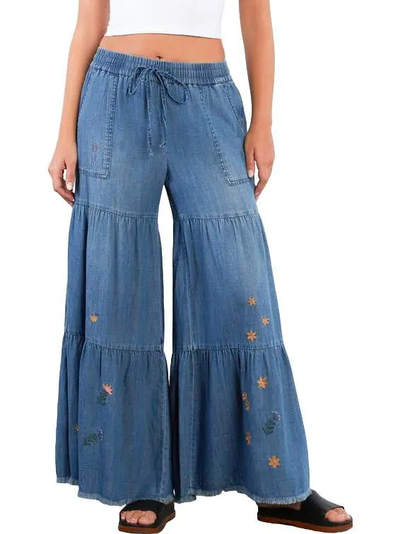 BILLY T Floral Stitched Wide-leg Pants - Denim