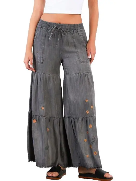 BILLY T Floral Stitched Wide-leg Pants - Smoked Pearl