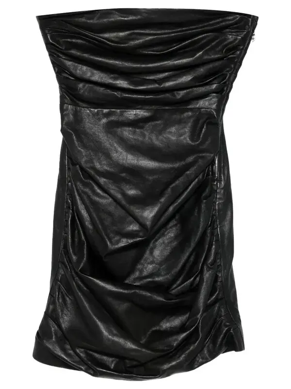 Amiri Ruched Calf Leather Mini Dress - Black