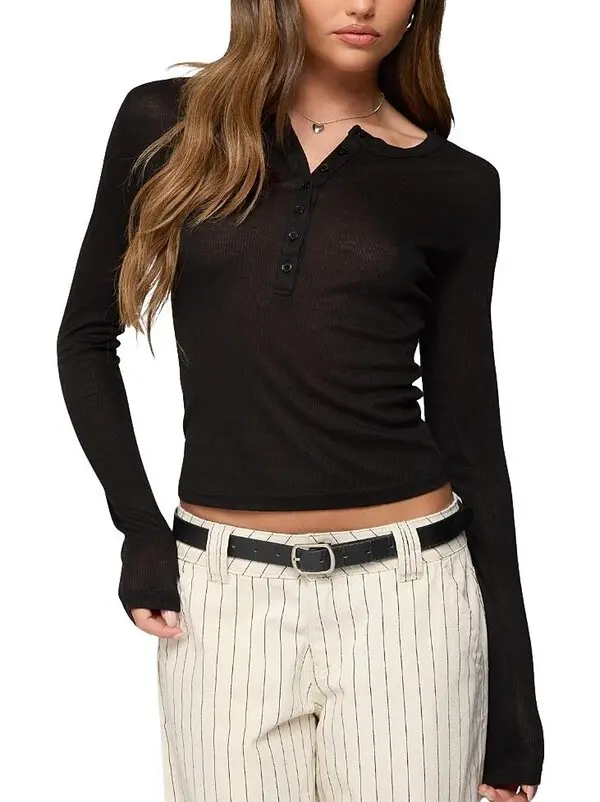 EDIKTED Nettie Ribbed Henley Top - Black