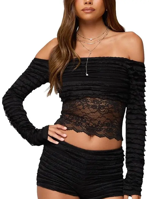 EDIKTED Lacey Ruffled Off Shoulder Top - Black