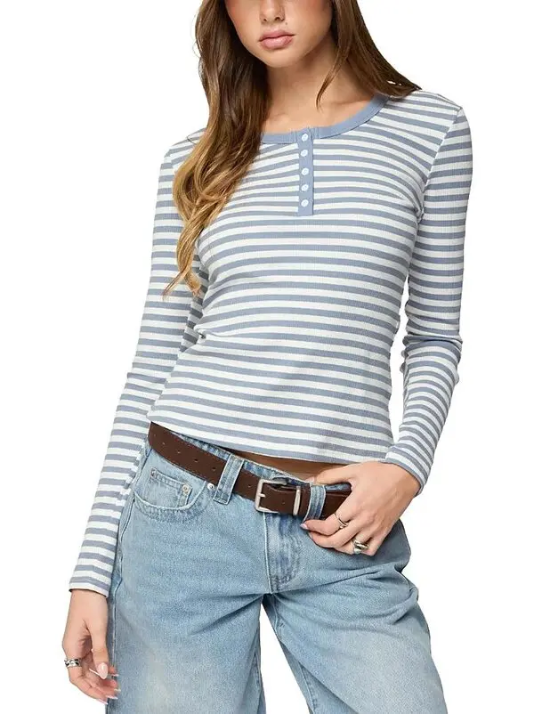 EDIKTED Roma Striped Henley Top - Blue