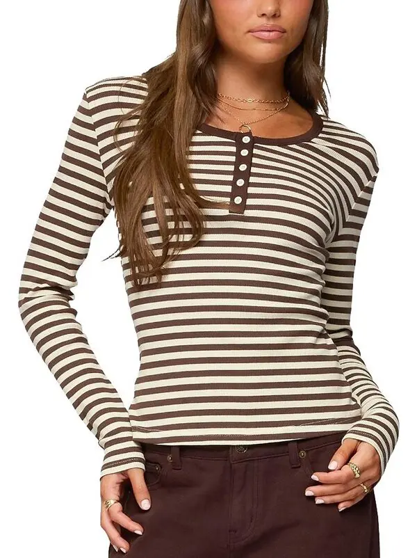 EDIKTED Roma Striped Henley Top - Brown