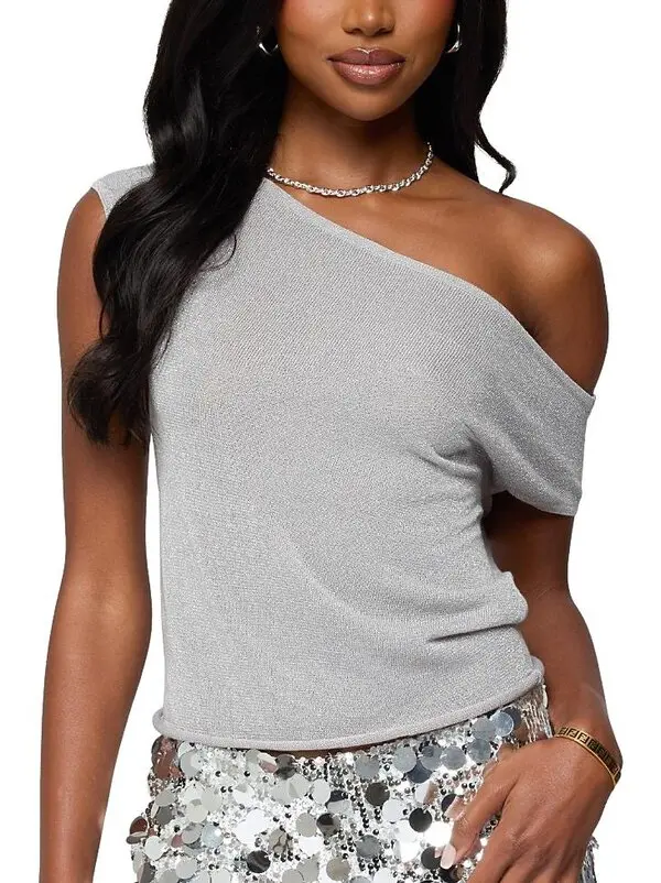 EDIKTED Glitter Off Shoulder Top - Silver