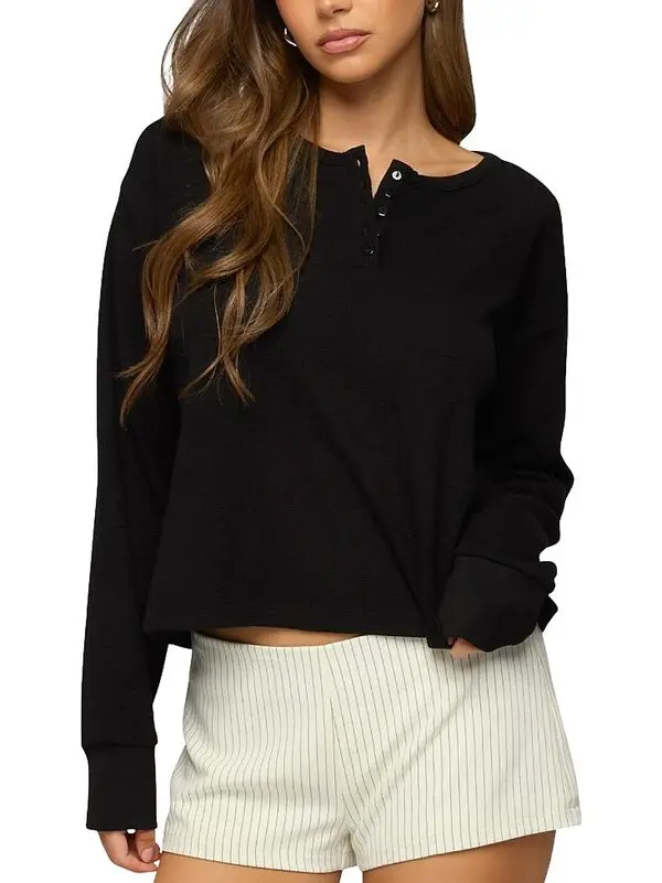 EDIKTED Long Sleeve Henley Waffle Top - Black