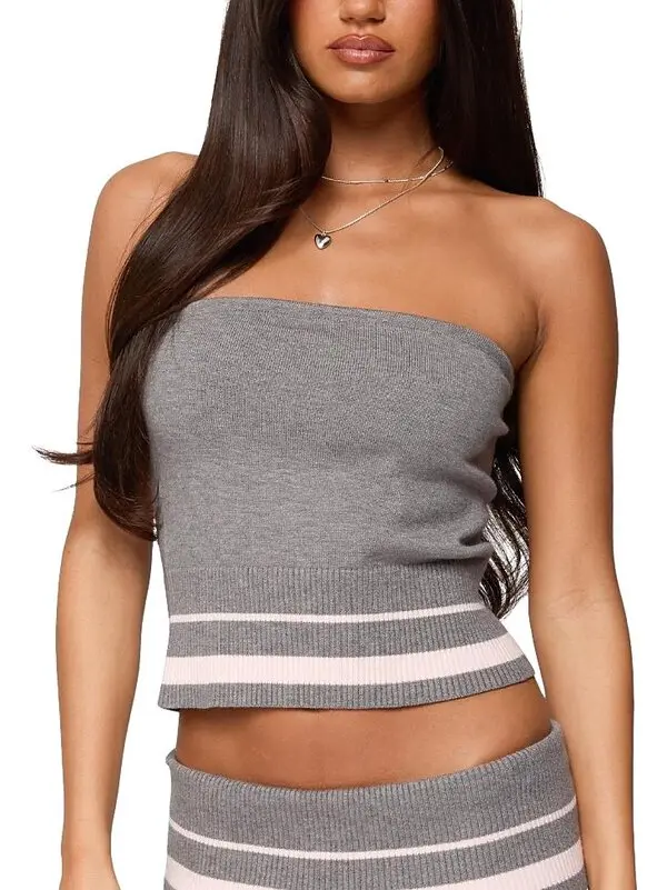 EDIKTED Kaliya Stripey Strapless Knit Top - Gray-melange