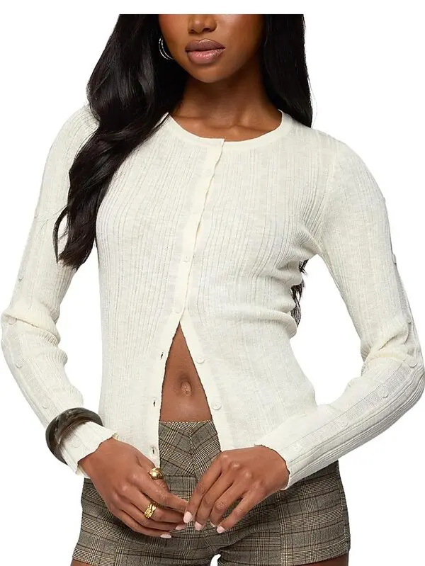 EDIKTED Maureen Button Ribbed Knit Cardigan - White