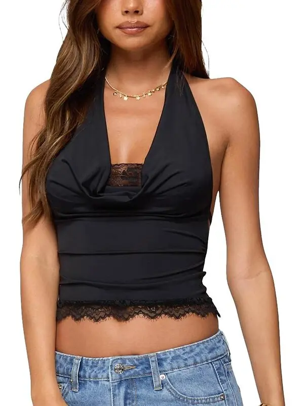 EDIKTED Layered Lacey Cowl Neck Halter Top - Black