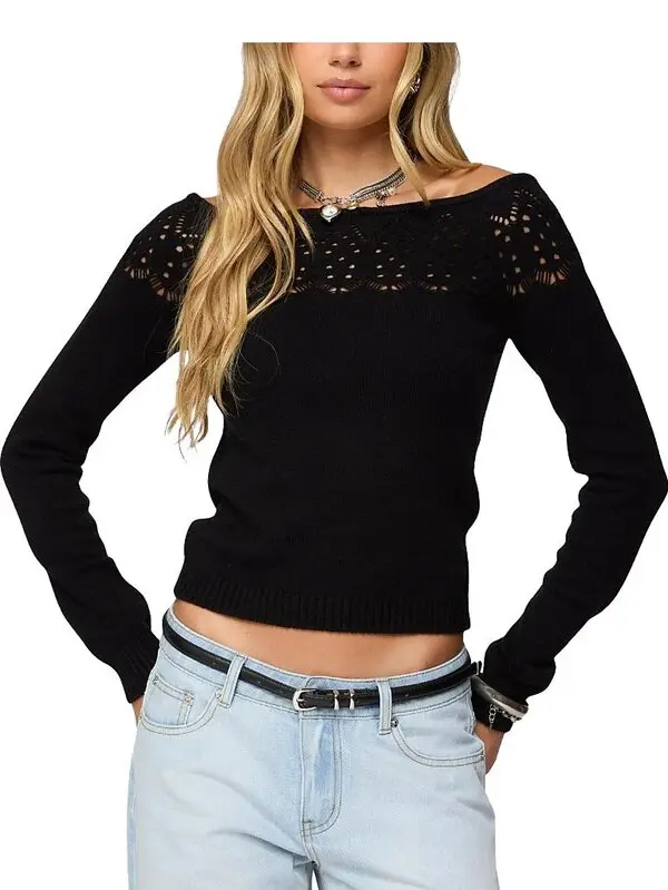 EDIKTED Lillis Boat Neck Knit Top - Black