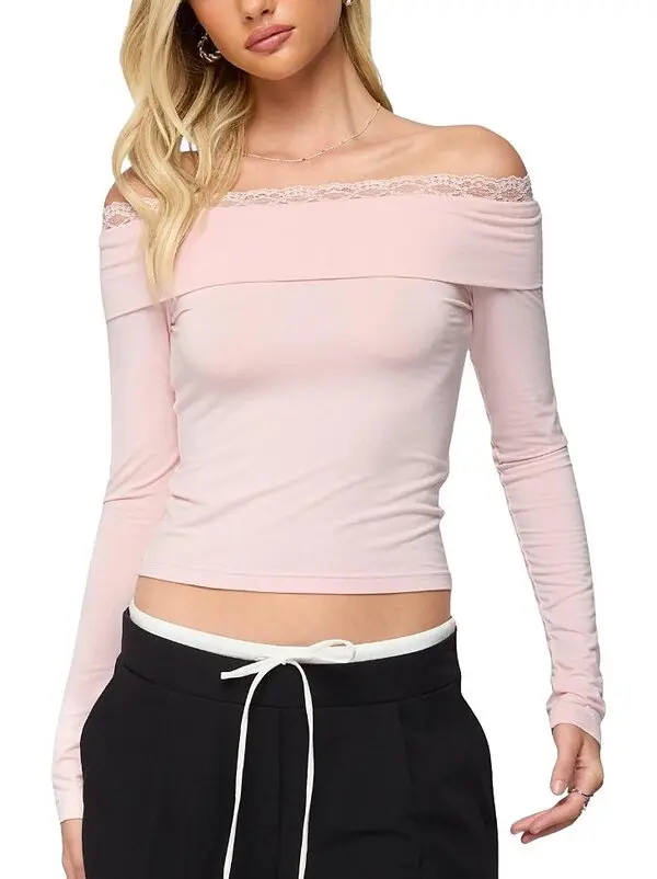 EDIKTED Janus Lacey Fold Over Top - Pink