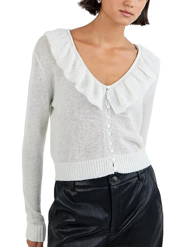 Bella Dahl V-neck Ruffle Cardigan Sweater - Icy White
