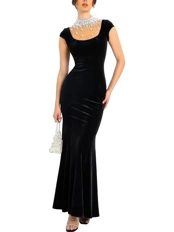 MISS CIRCLE Velvet Faux Pearl Embellished Gown - Black