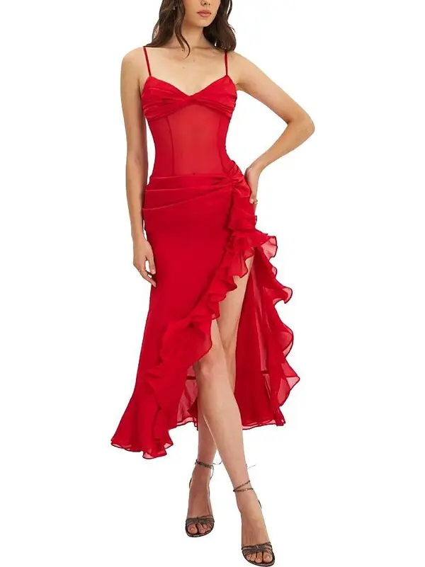 MISS CIRCLE Ruched Waist High Slit Maxi Dress - Red