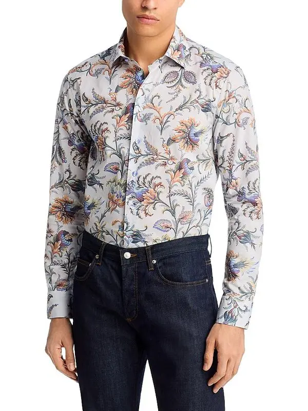 Etro Floral Print Button Down Shirt - Light Blue/ Red/ Green