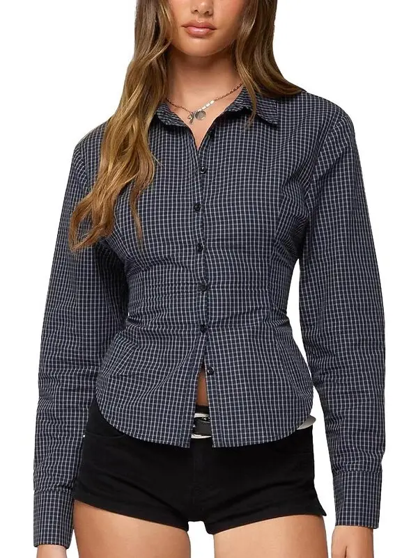 EDIKTED Lisbet Checkered Button Up Shirt - Navy