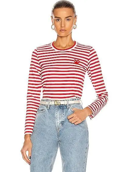 Play Comme Des Garcon Striped Cotton Emblem Long Sleeve Tee - Red