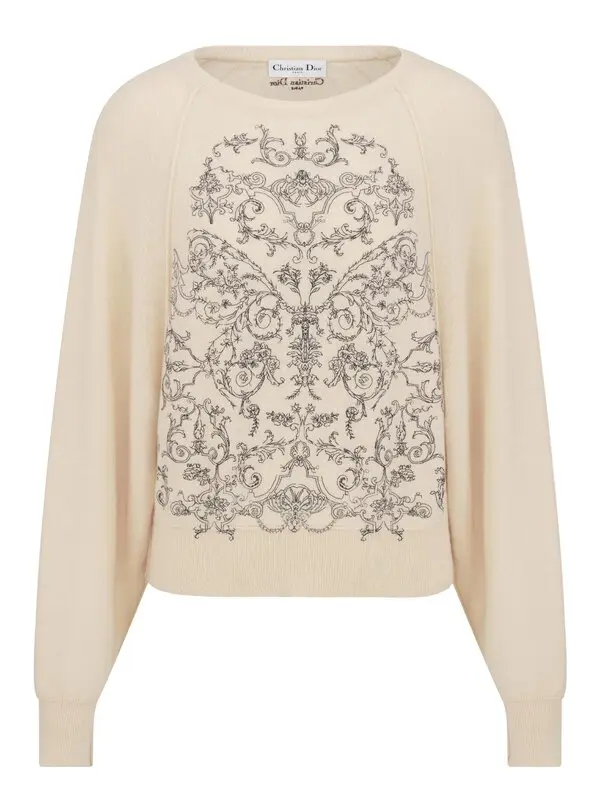 Dior Embroidered Cashmere Sweater - Ecru Cashmere Knit With Black Dioresque Butterfly Motif