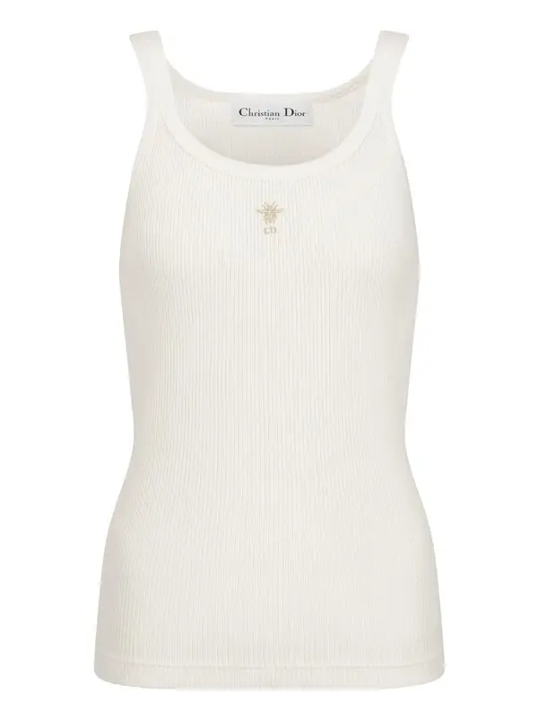 Dior Ribbed Tank Top - Ecru Ribbed Cotton And Linen Jersey