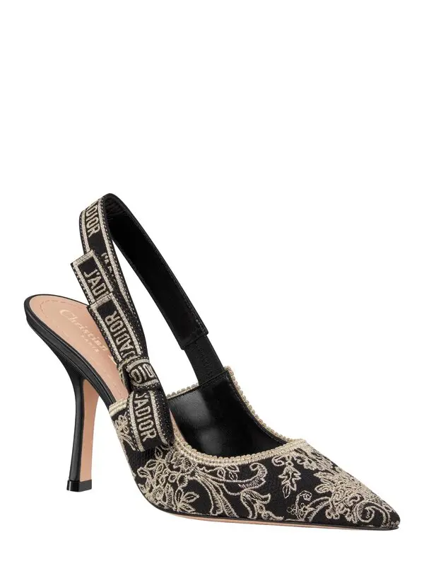 Dior J'adior Slingback Pump - Black Cotton Embroidered With Floral Motif In Gold-tone Metallic Thread