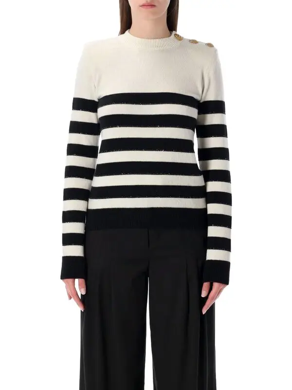 Balmain Striped Wool Cashmere Buttoned Jumper - Natural Black
