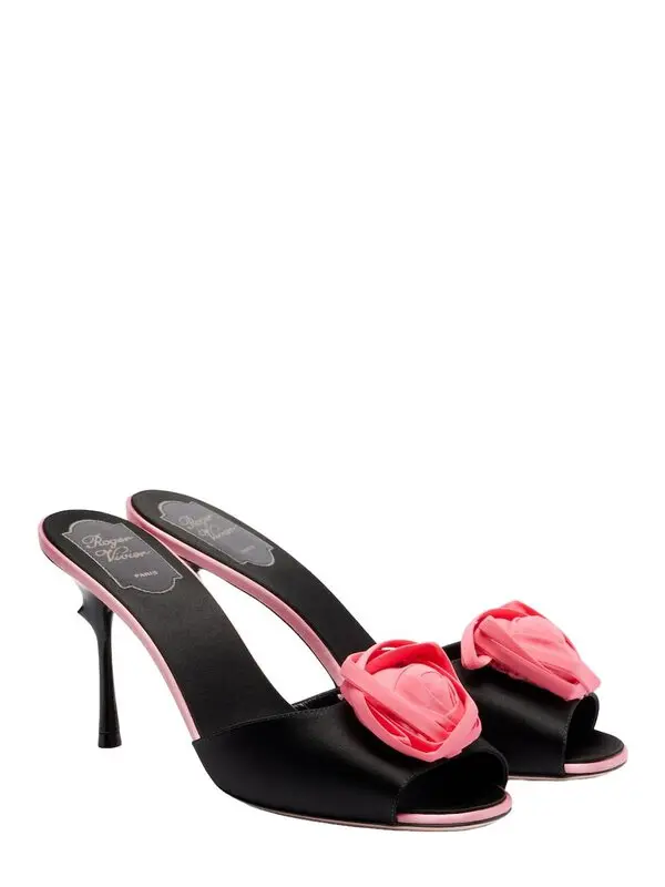 ROGER VIVIER Rose Vivier 85 Floral Satin Mules - Black