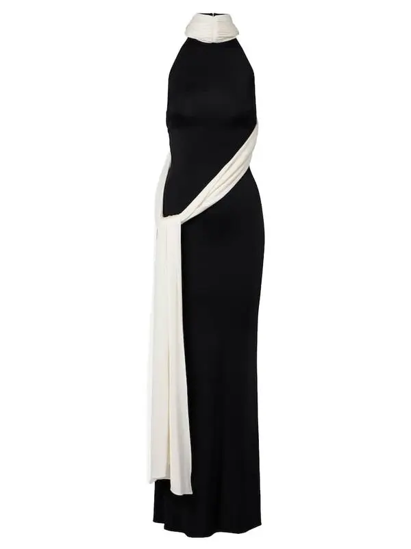 THE NEW ARRIVALS ILKYAZ OZEL Leia Scarf-detail Halterneck Gown - Black