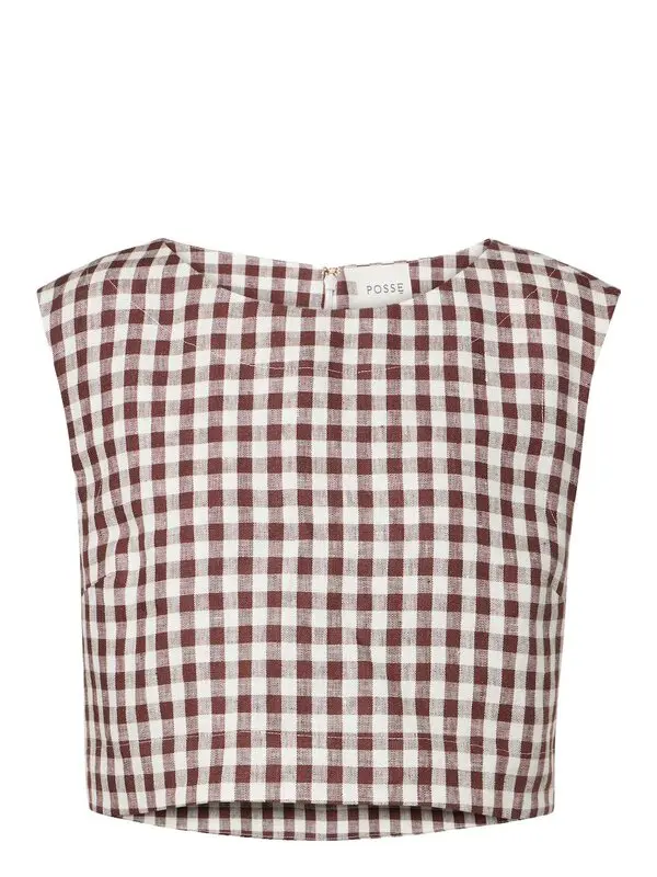 Posse Martina Gingham Linen Crop Top - Brown