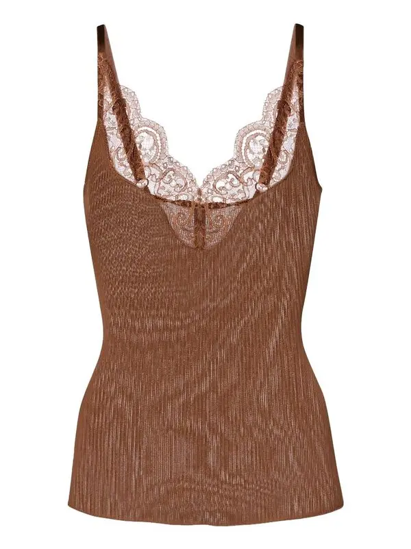 Saint Laurent Lace-trimmed Ribbed-knit Silk Tank Top - Brown