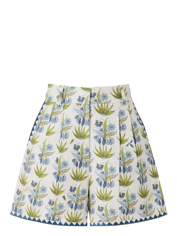 EMPORIO SIRENUSE Beatrice Celestine Floral-print Linen And Cotton-blend Shorts - Blue