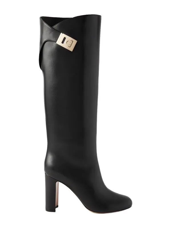 FERRAGAMO Enni Embellished Leather Knee Boots - Black