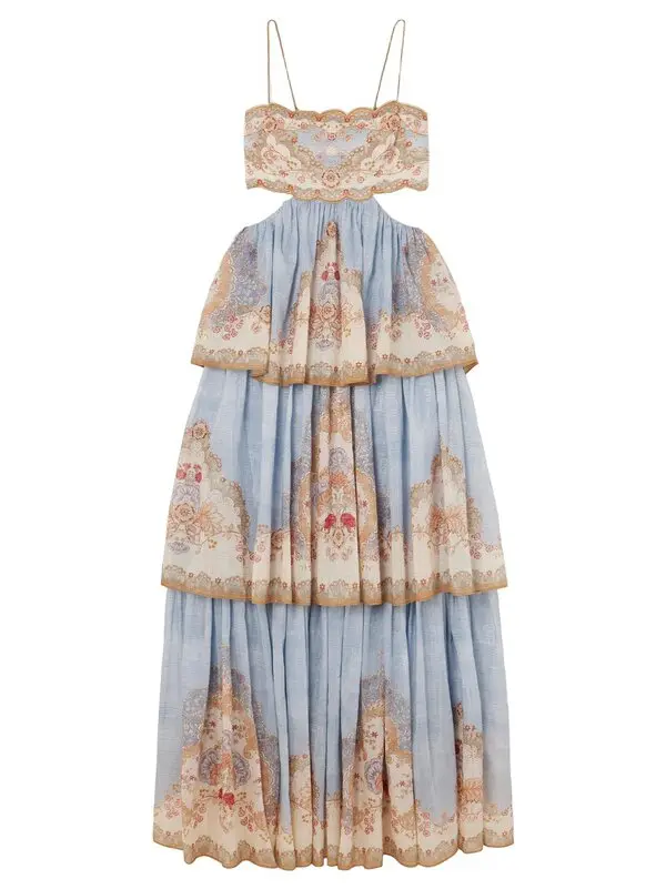 Zimmermann Daylight Cutout Tiered Printed Maxi Dress - Blue