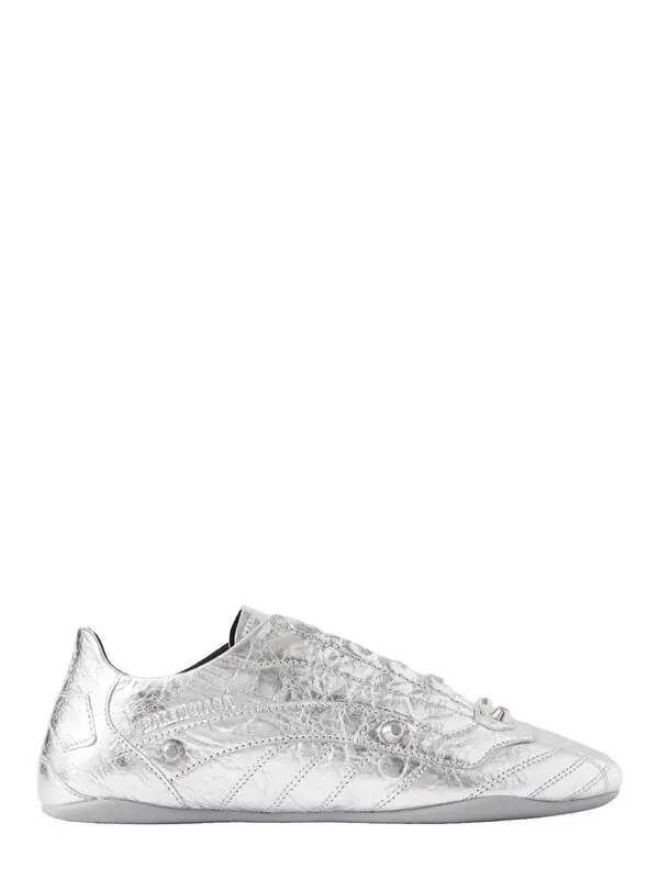 Balenciaga City Studded Crinkled-leather Sneakers - Silver