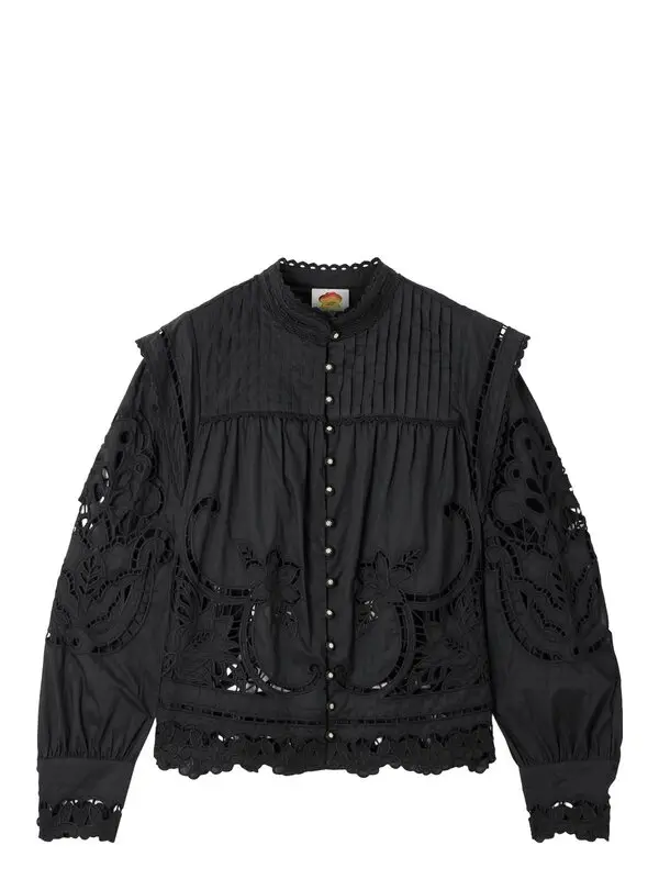 Farm Rio Richilieu Pleated Broderie Anglaise Blouse - Black