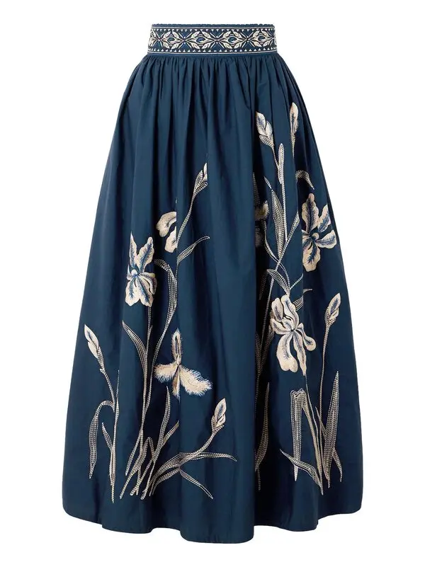 EMPORIO SIRENUSE Ombretta Iris Pleated Embroidered Cotton-blend Poplin Midi Skirt - Blue