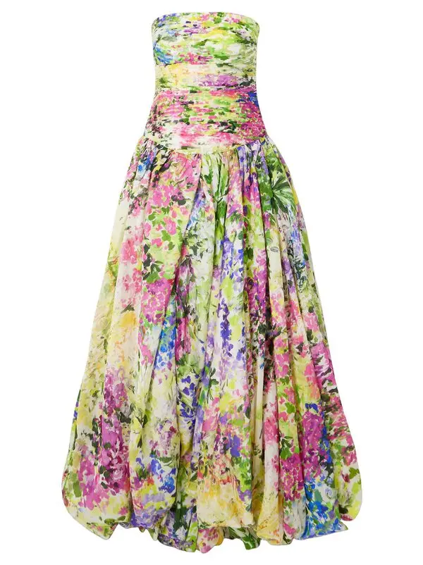Aje Dahlia Strapless Pintucked Printed Lyocell-blend Gown - Green