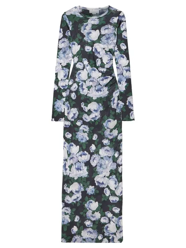 Stella McCartney Gathered Floral-print Stretch-mesh Maxi Dress - Blue
