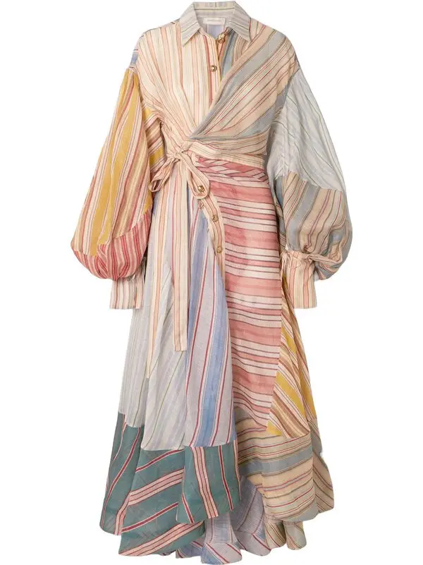 Zimmermann Rebellion Patchwork Striped Linen And Silk-blend Voile Midi Wrap Dress - Multi