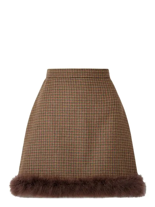 Valentino Garavani Feather-trimmed Houndstooth Mini Skirt - Brown
