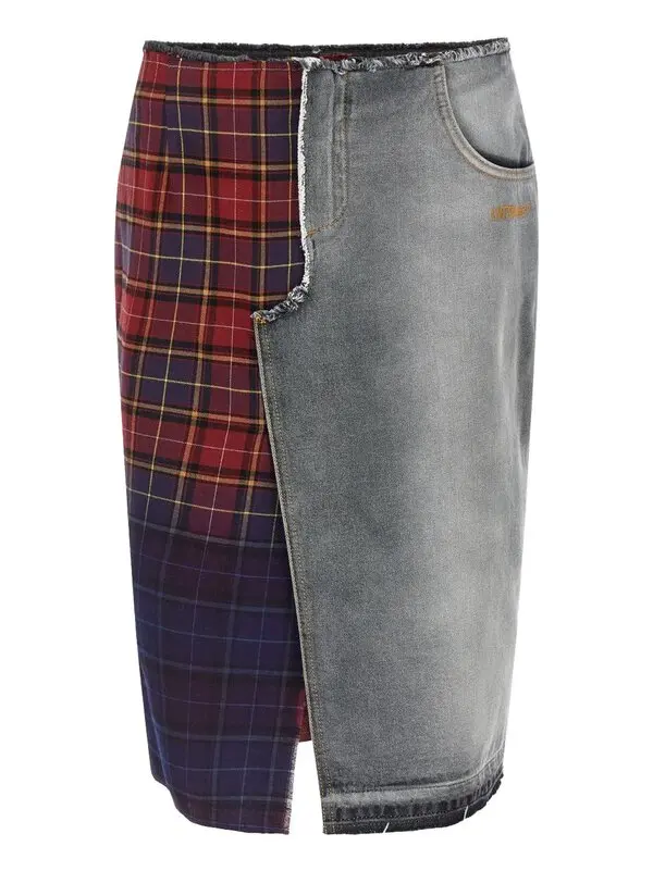 Off-White Plaid Denim Skirt - Multicolor