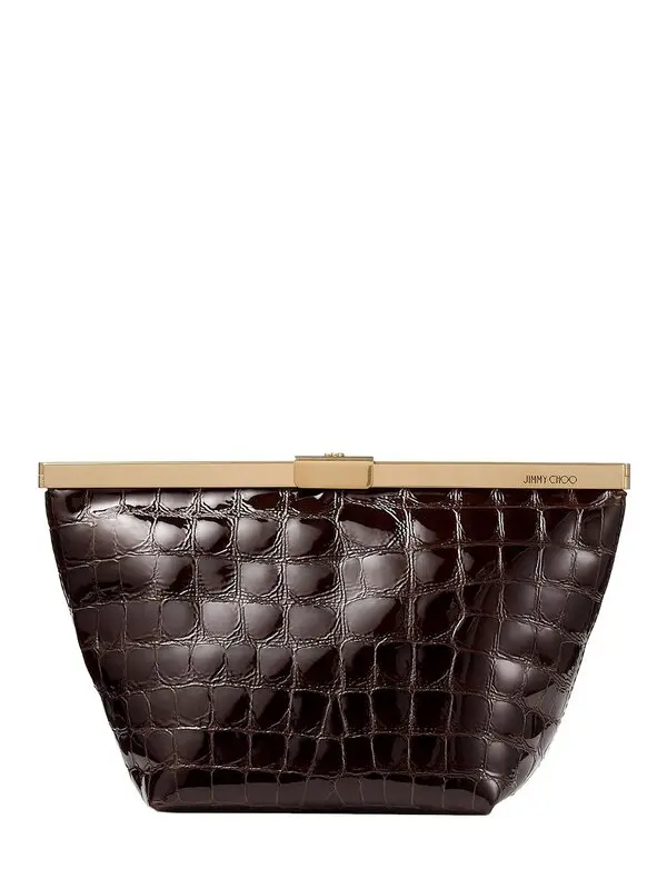JIMMY CHOO Ganache Sambuco Shiny Croc Embossed Leather Clutch - Sambuco/gold