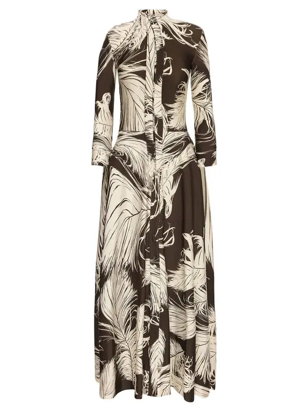Oscar De La Renta Feather Printed Jersey Dress - Beige