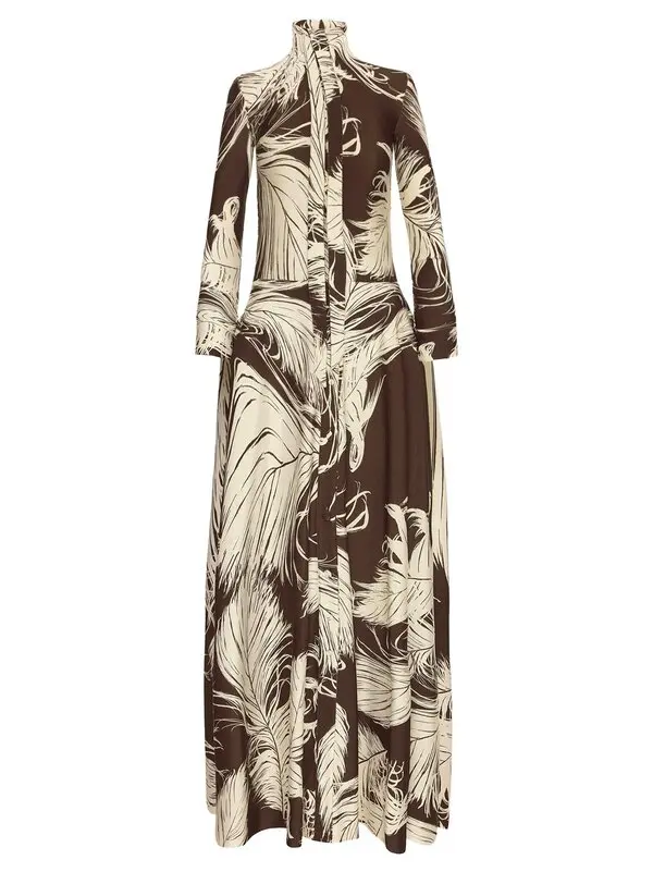 Oscar De La Renta Feather Printed Jersey Dress - Beige
