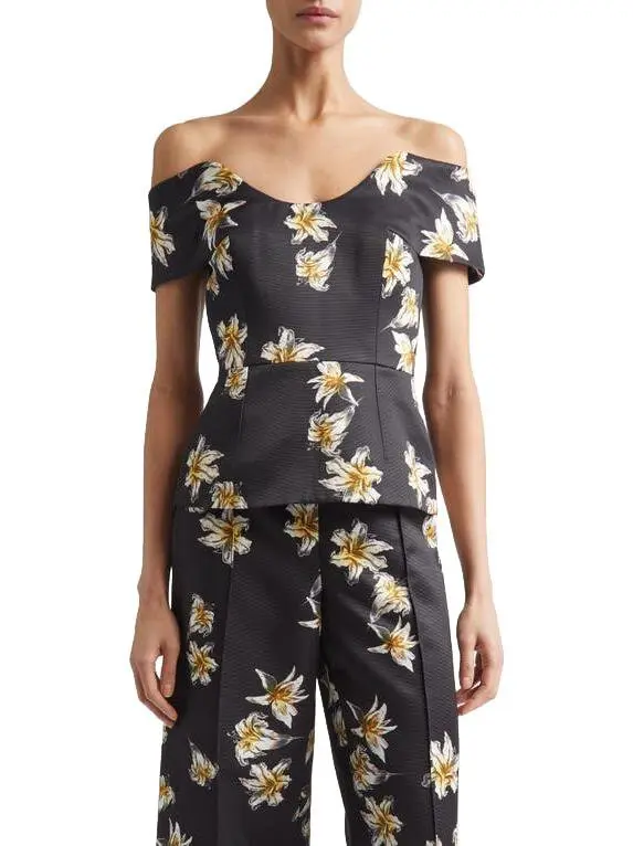 EMILIA WICKSTEAD Souline Festive Lilies Peplum Top - Festive Lilies Black Yellow
