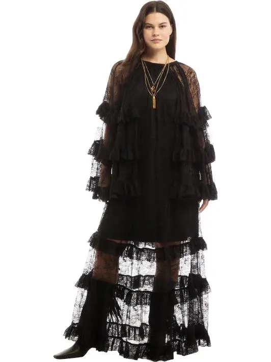 JUNE + VIE Tiered Lace Cape Maxi Dress - Black Onyx